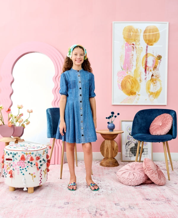 Paneled snap front denim dress by Porter– Flying Colors