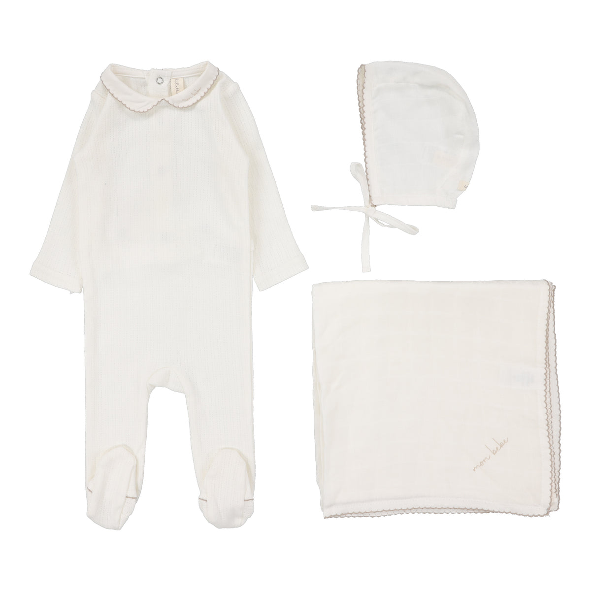 Edged collar white/oat layette set by Lilette– Flying Colors